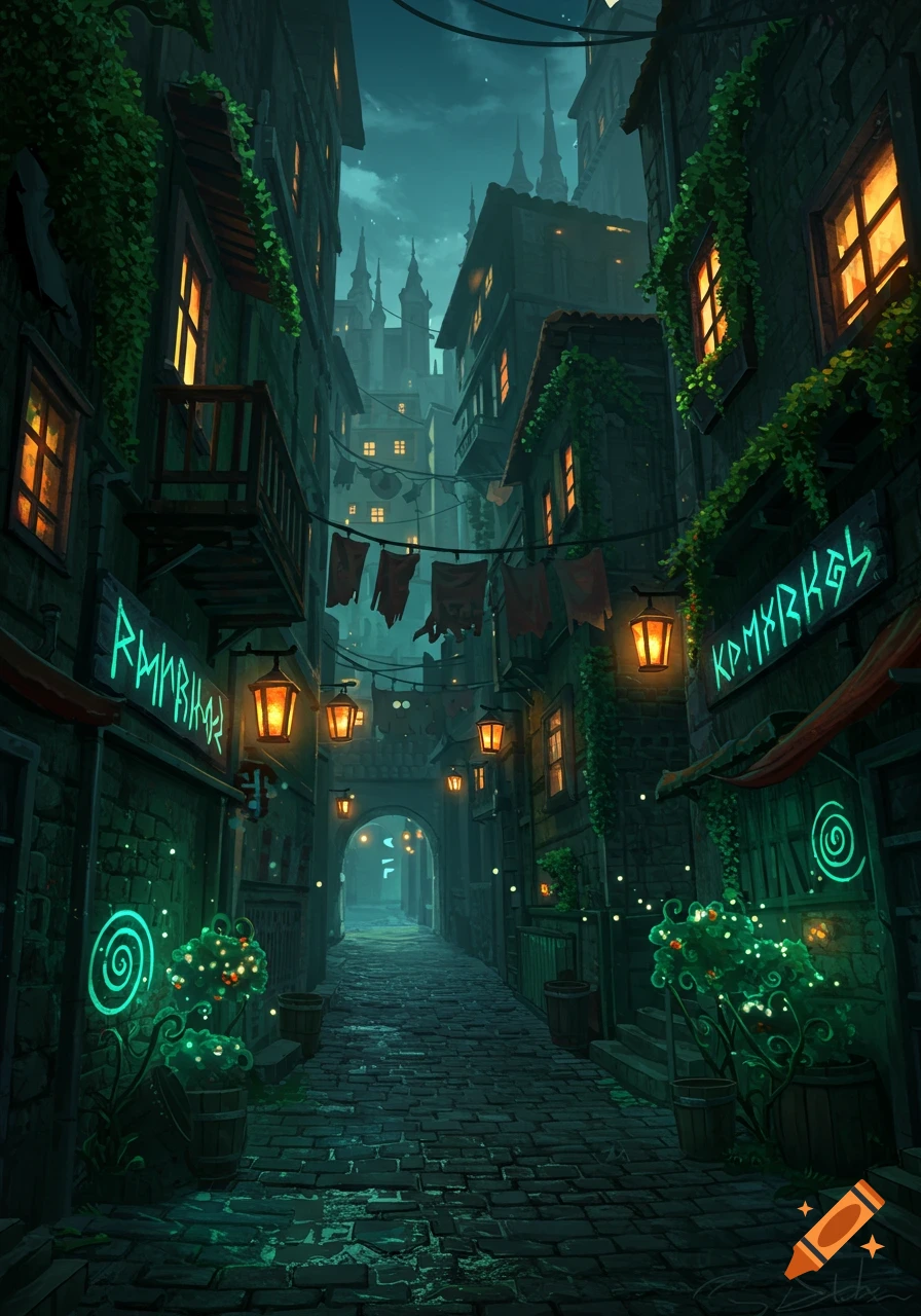 A dark, atmospheric fantasy alleyway at night with glowing windows ...