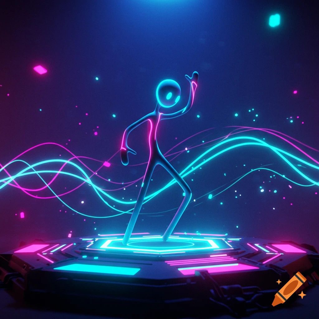 A glowing stick figure dancing on a futuristic stage with vibrant neon ...