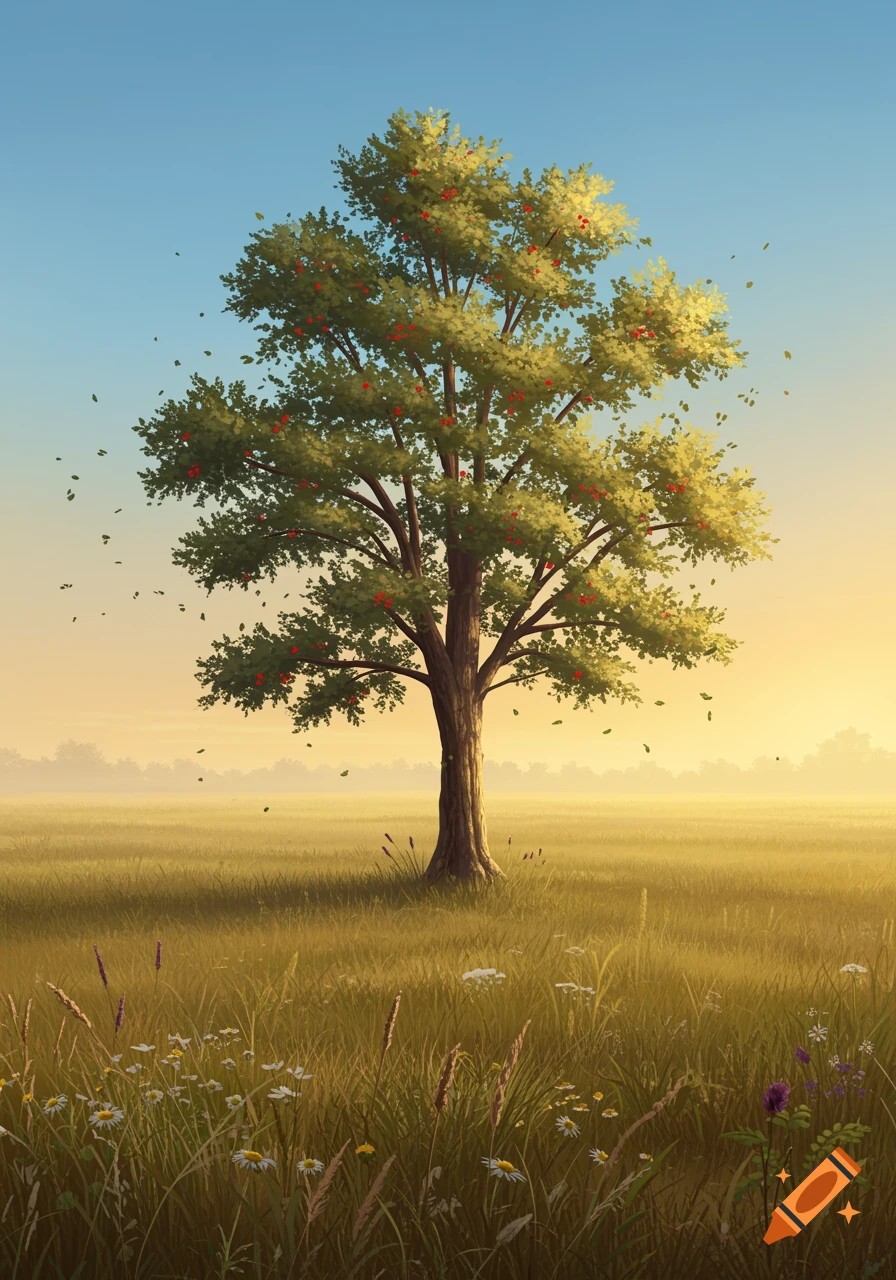 An illustrated tree with red berries and falling leaves stands in a ...