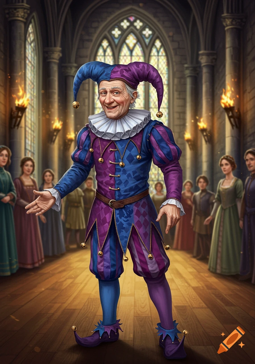 A grinning jester in a vibrant red and blue costume with bells dances ...