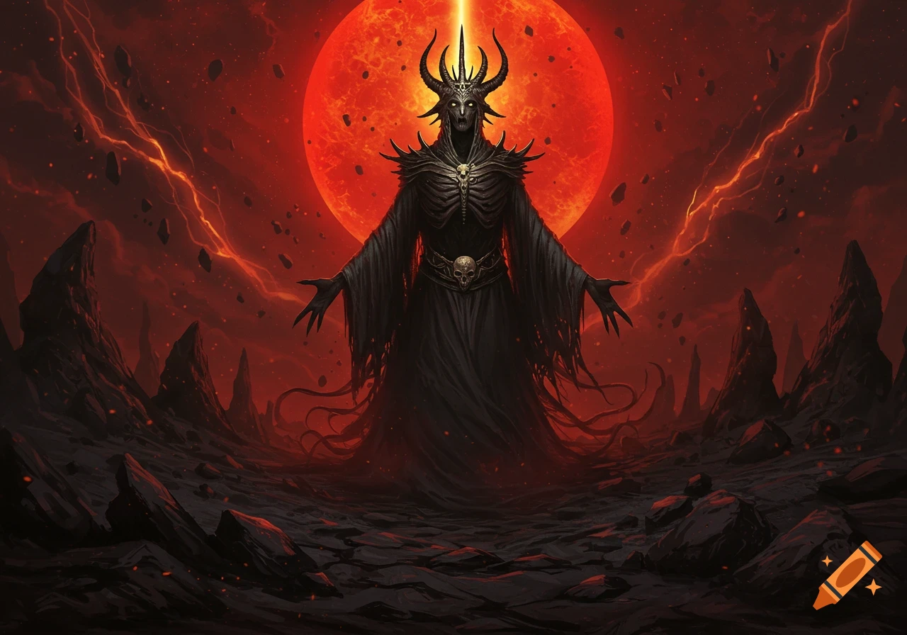 A horned demonic figure in dark robes with a bone crown stands with ...