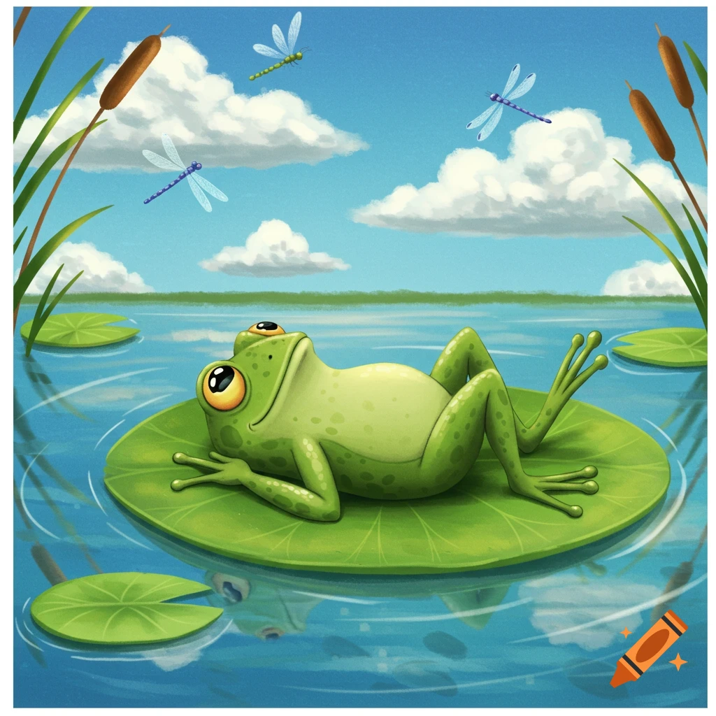 A cartoon frog lies on its back on a lily pad in a pond, looking up at ...