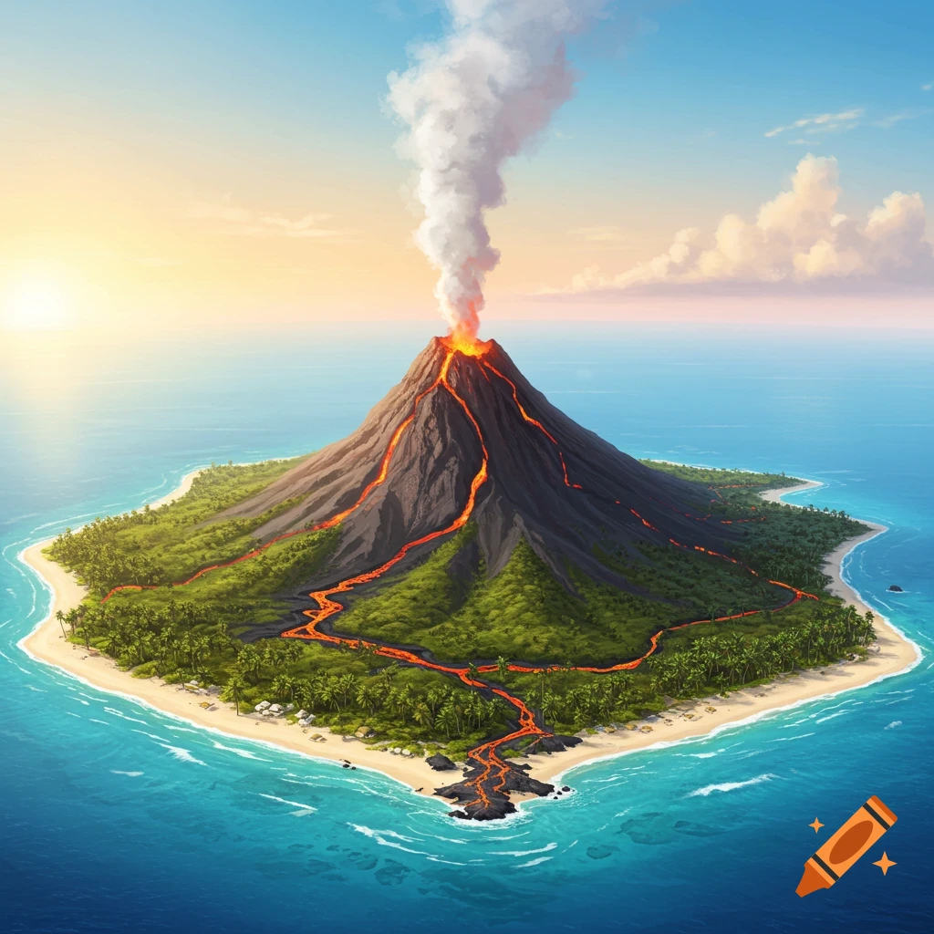 A vibrant cartoon aerial view of a volcanic island with lava flowing ...