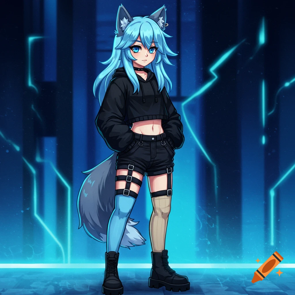 Anime wolf-girl with light blue hair, cropped hoodie, black shorts ...
