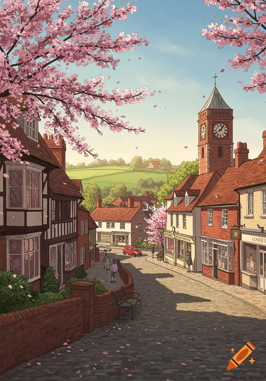 An idyllic, colorful village scene with pastel-colored houses, green ...