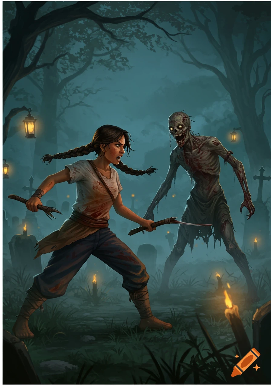 A determined young woman with braids battles a decaying zombie in a ...