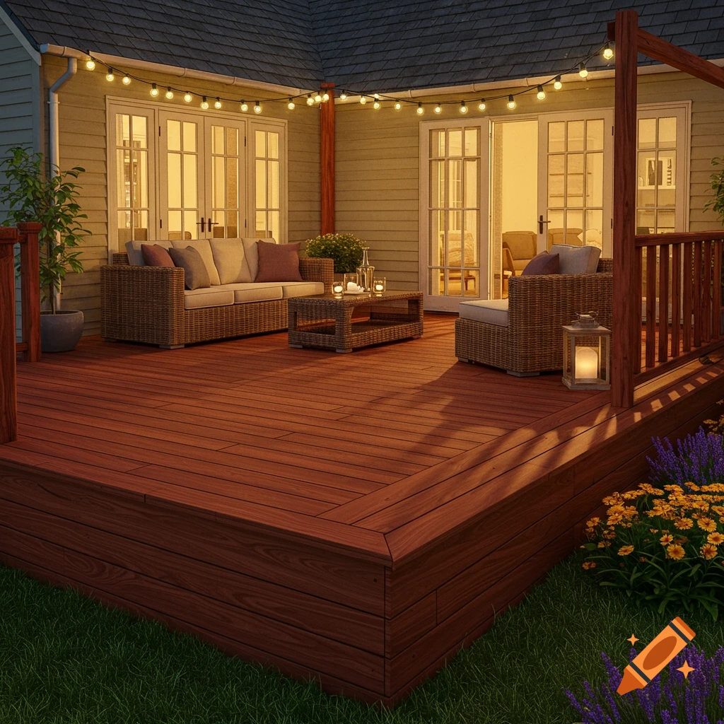 A large wooden patio deck at dusk, furnished with wicker sofa and chair, a coffee table, and lit ...