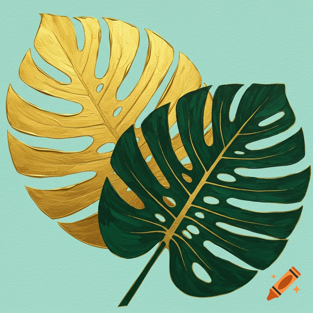 Two stylized monstera leaves, one gold and one green, with textured ...