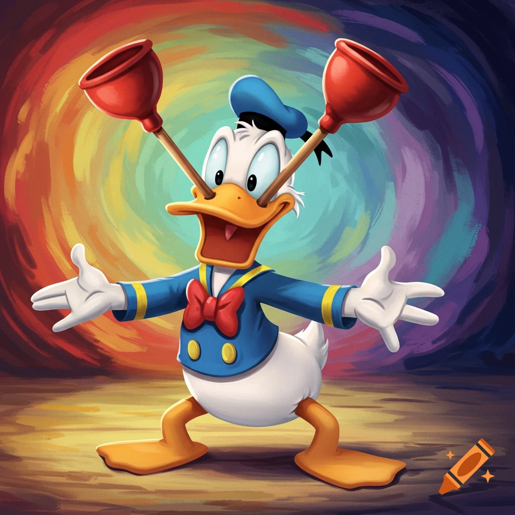 Donald Duck with red plungers covering his eyes, standing against a ...