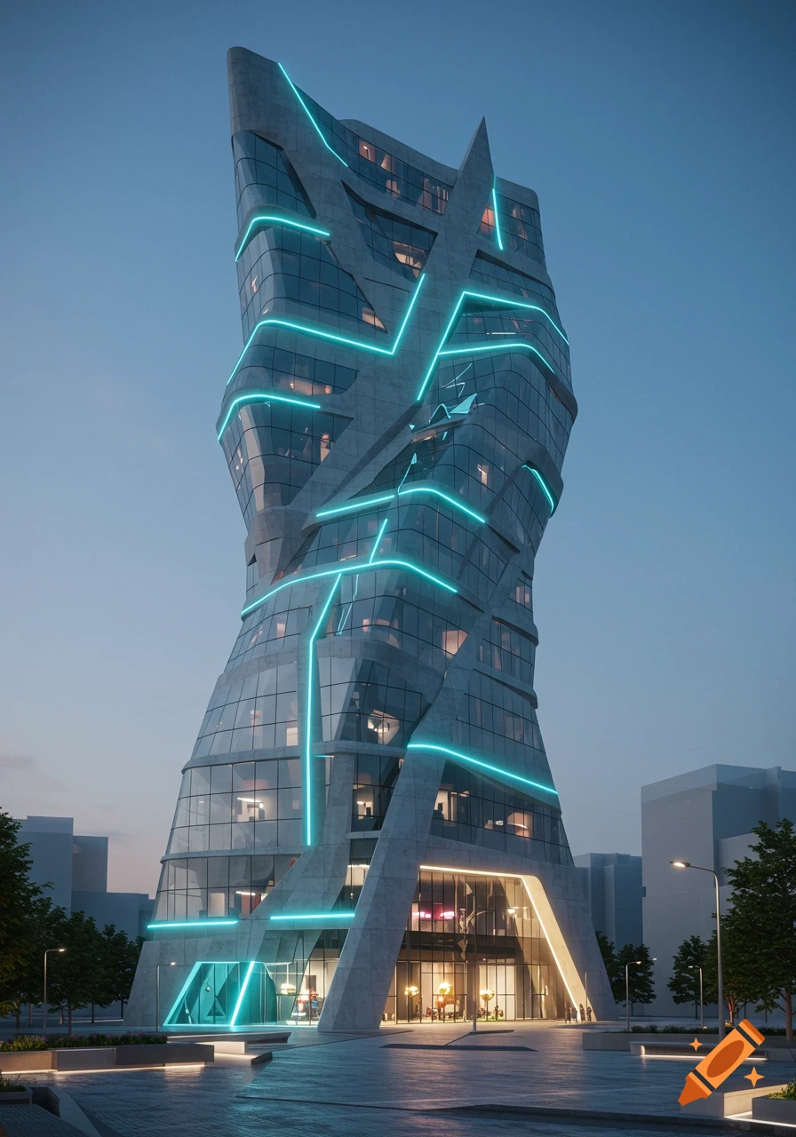 Modern architectural sketch of a curved building with green terraces, a ...