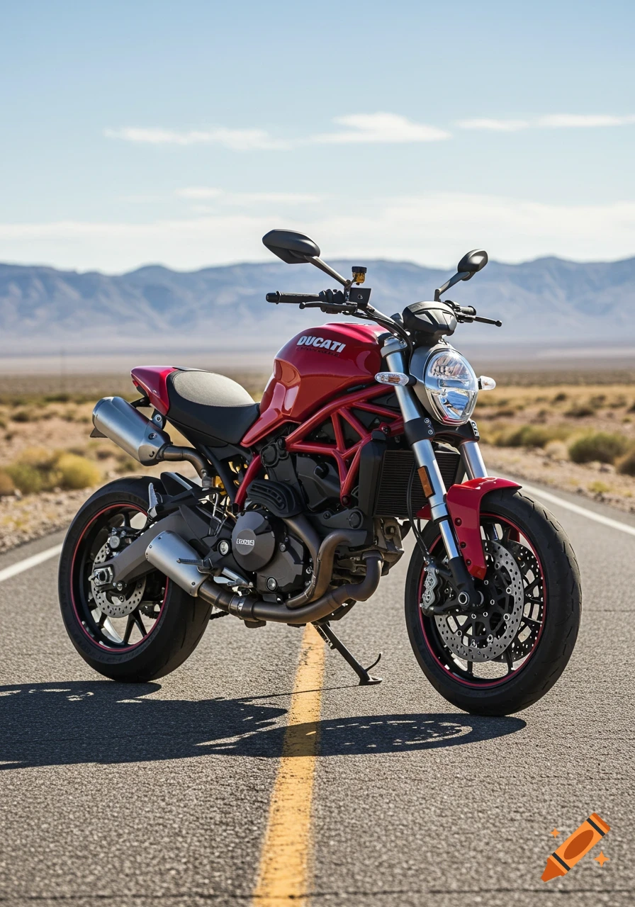 A red Ducati Monster motorcycle stands against a dark, abstract ...