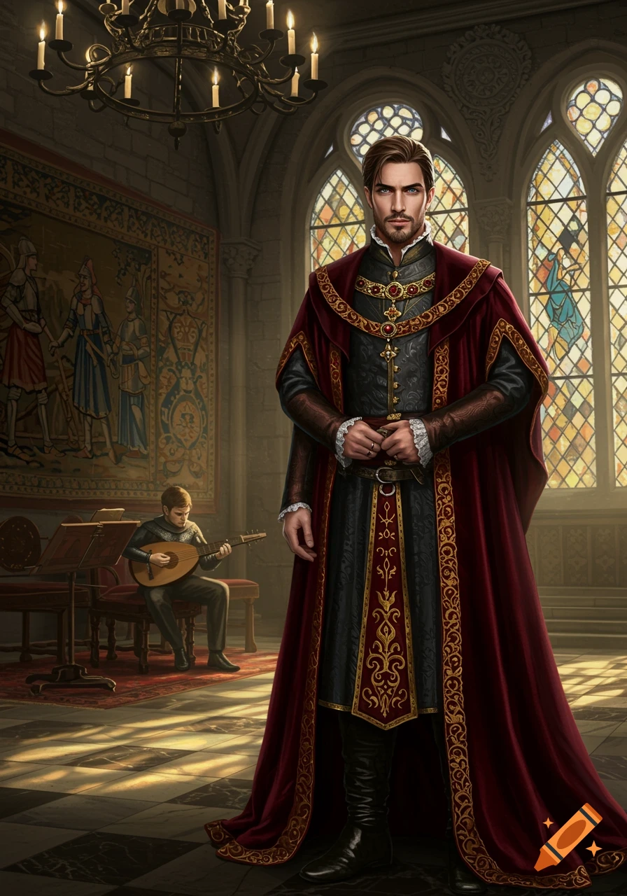 A man in a rich red and gold baroque costume stands in a dramatic ...