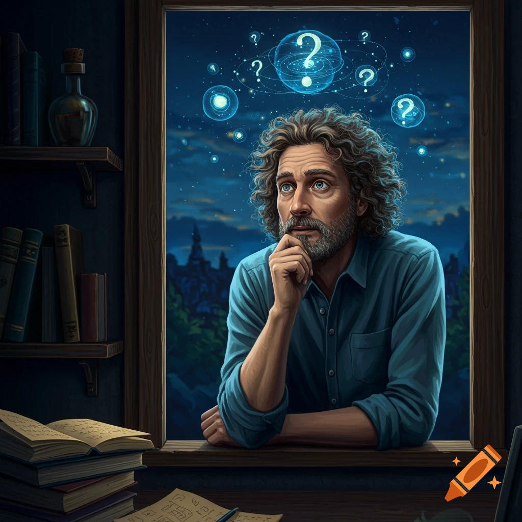 A thoughtful man with curly hair and beard looks out a window at night ...