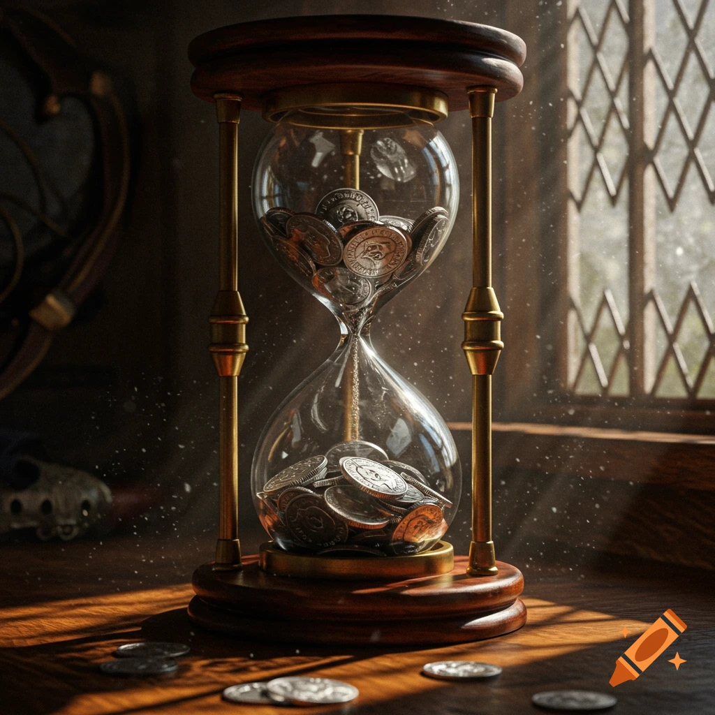 An hourglass with sand flowing rests on a decorated wooden talking ...