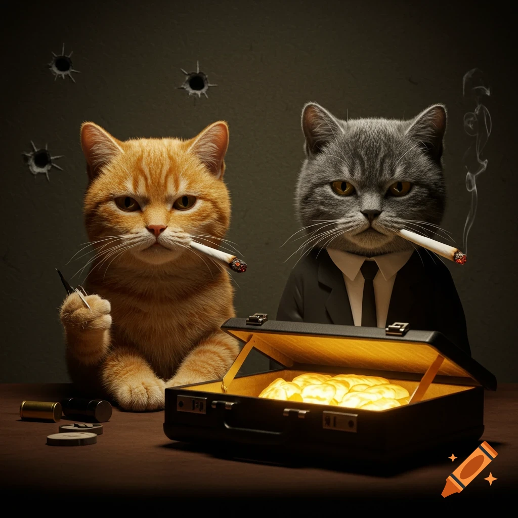 A hyper-realistic image of an orange cat and a gray cat, both smoking ...