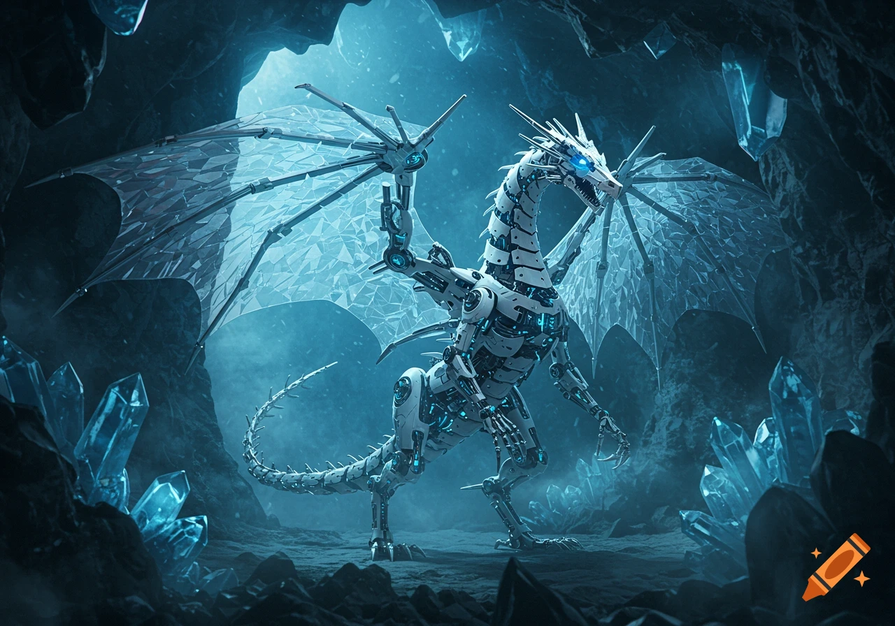 A white robot dragon with blue eyes and crystalline wings stands in a ...