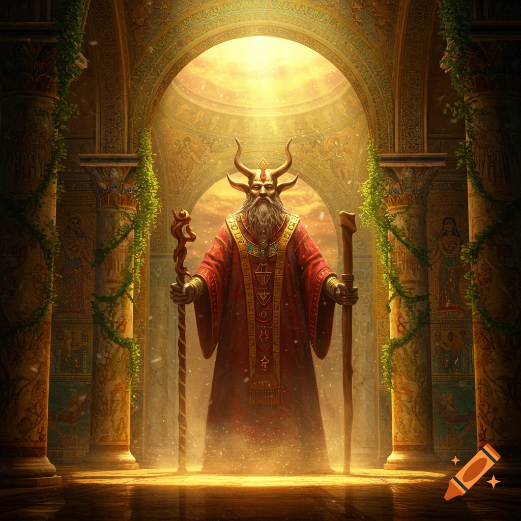 A horned, bearded figure in a red robe stands dramatically in an ...