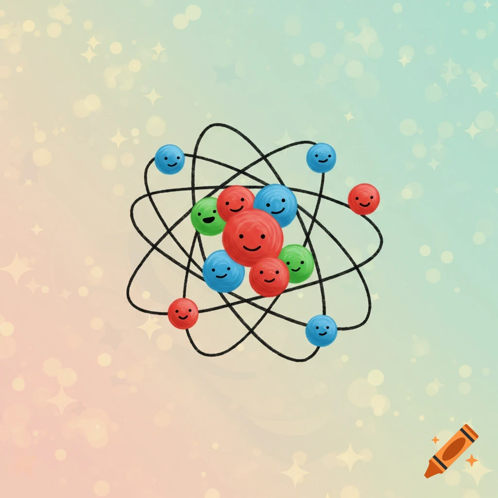 A colorful, cartoon atom with smiling red, blue, and green spheres ...