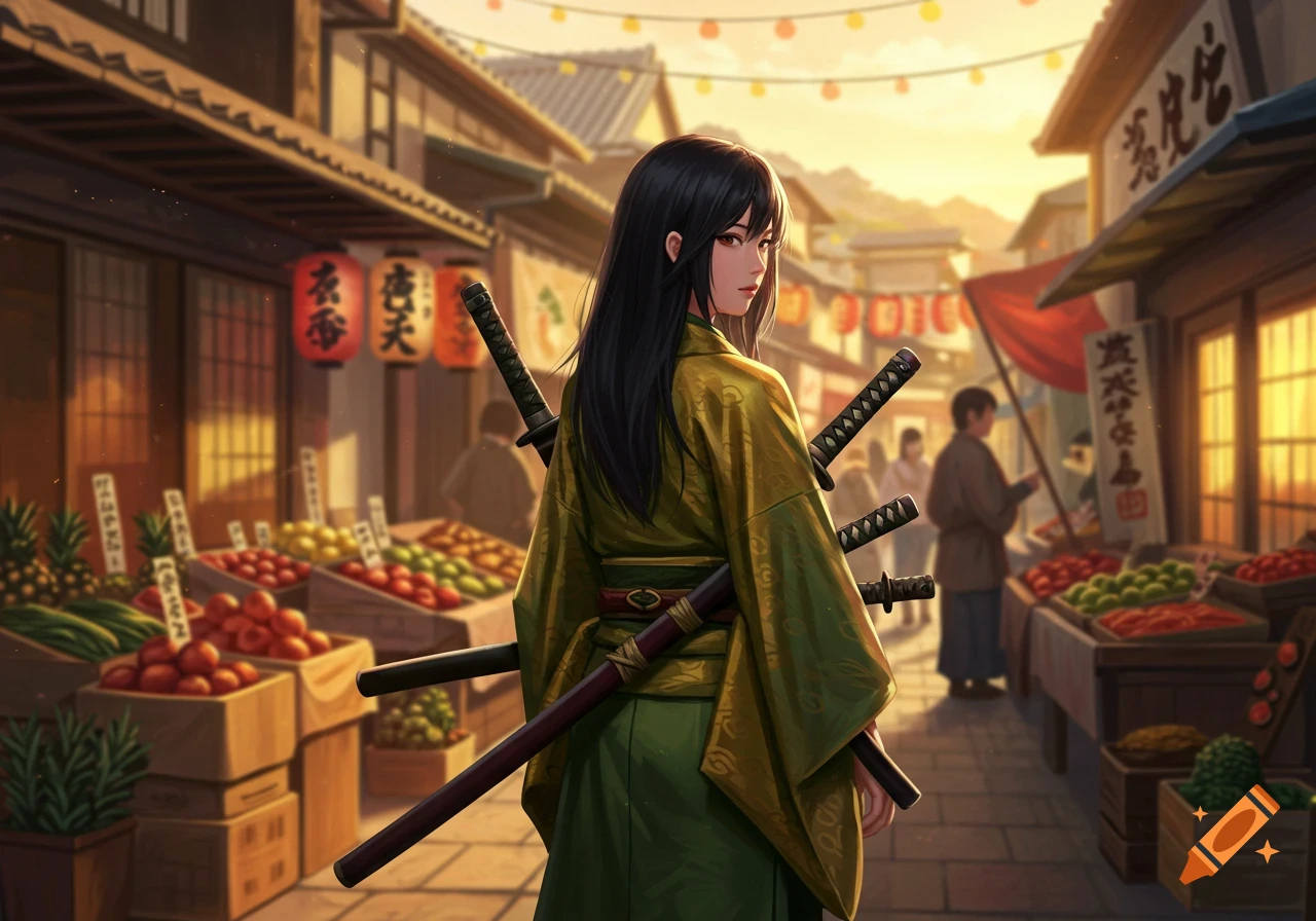Anime-style illustration of a woman in a gold kimono with swords ...