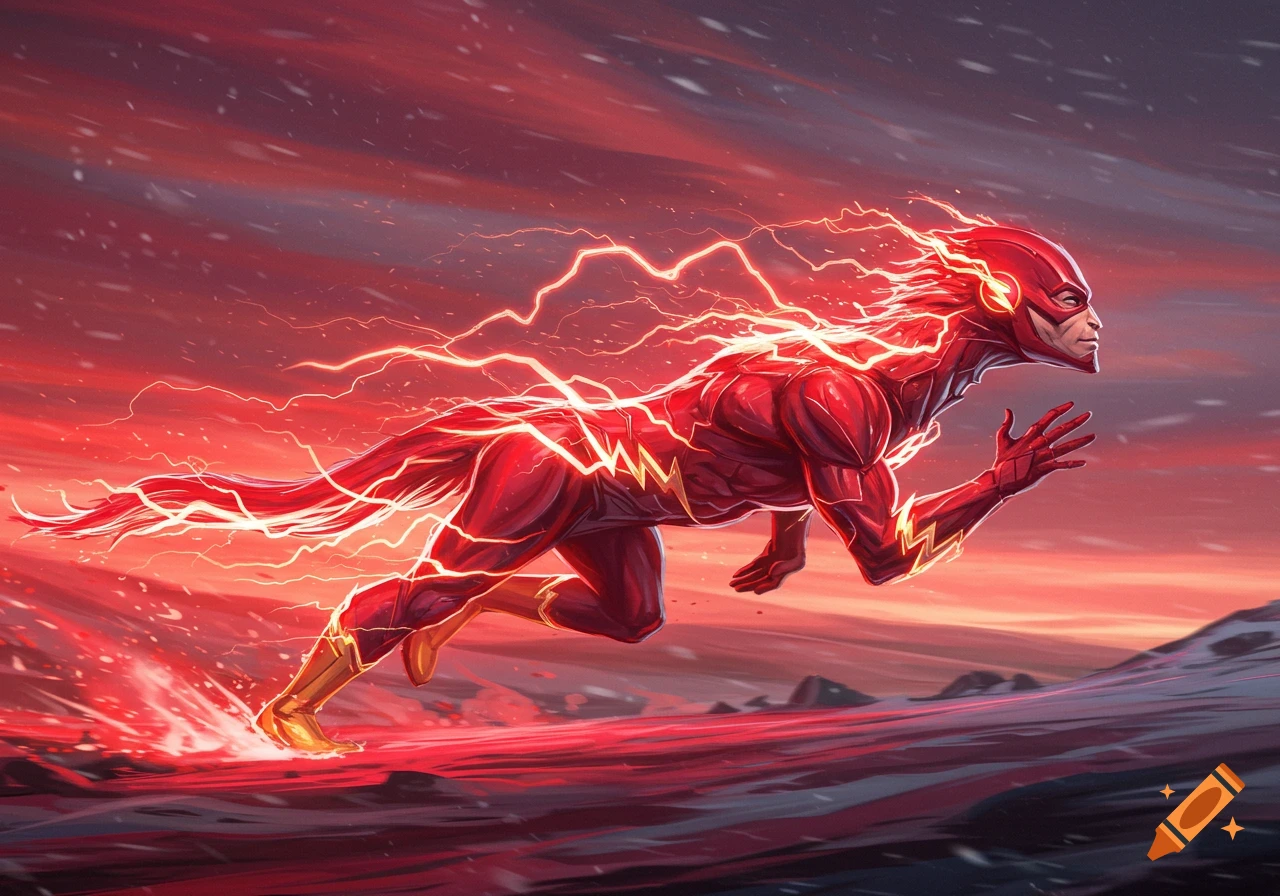 A stylized, red, Flash-like creature runs at super speed, leaving ...