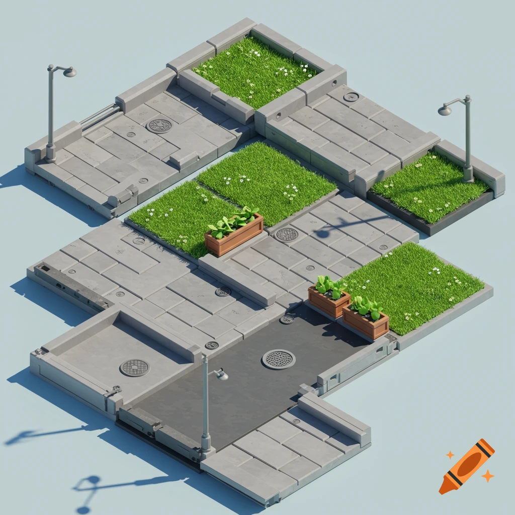 Isometric view of modular city tiles with gray sidewalks, green grass ...