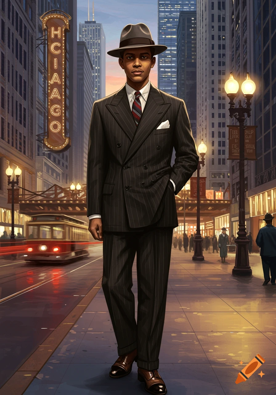 Portrait of a man in a pinstripe suit and fedora on a vintage city ...