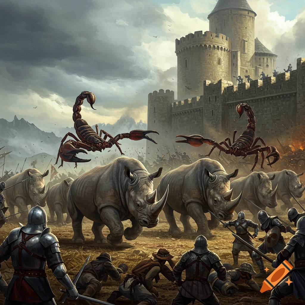 A fantasy battle scene with knights fighting giant scorpions and ...