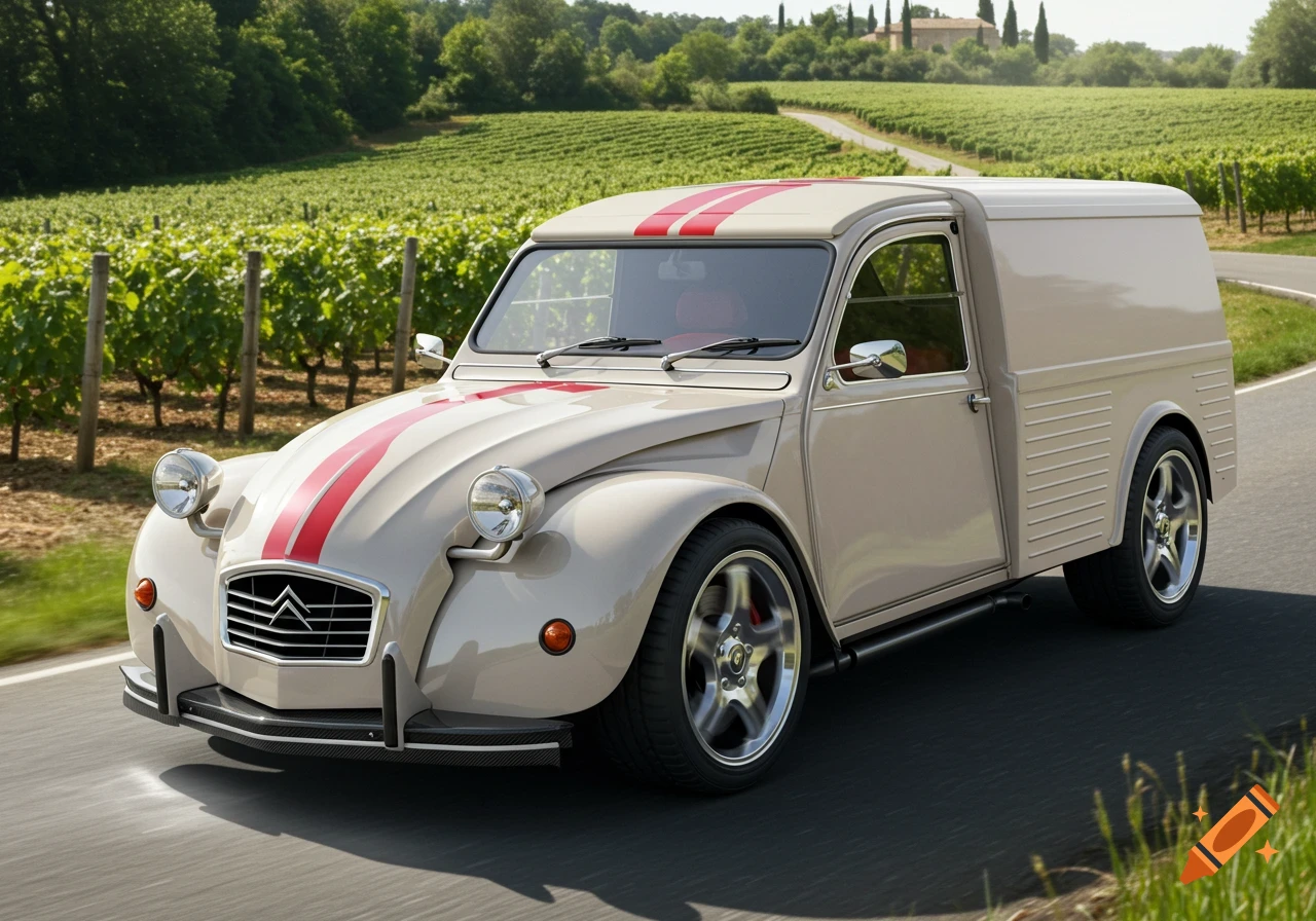 A beige Citroen Fourgonnette with red racing stripes and sport wheels ...