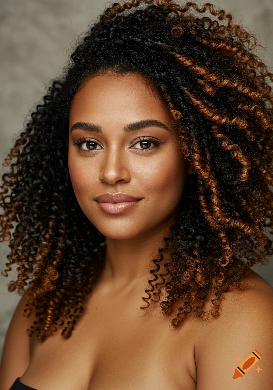 Photorealistic portrait of a young woman with dark brown wavy hair ...