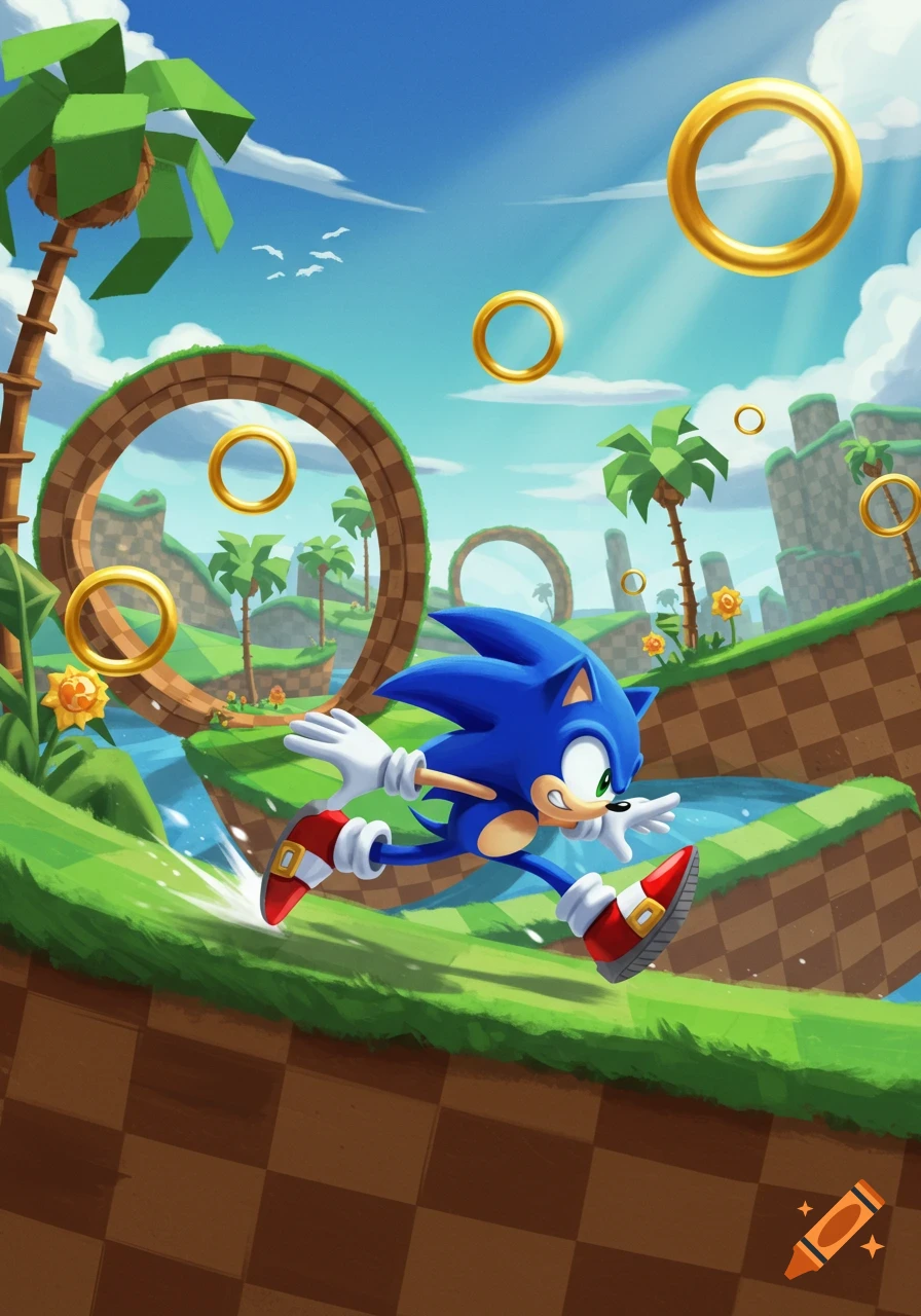 Sonic the Hedgehog runs through a cartoon Green Hill Zone-like ...