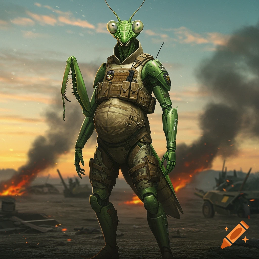 A large anthropomorphic praying mantis in green and tan military ...