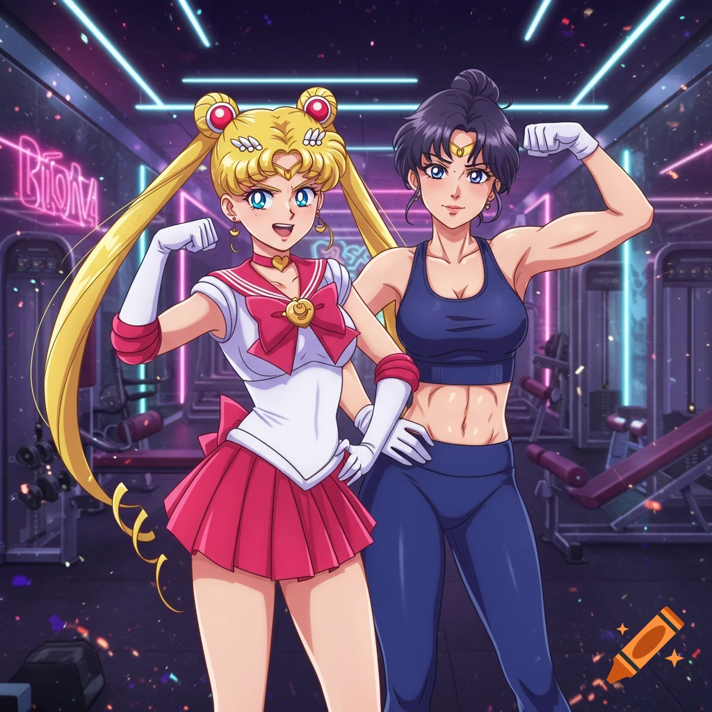 A muscular anime woman flexing her biceps next to Sailor Moon in a gym ...