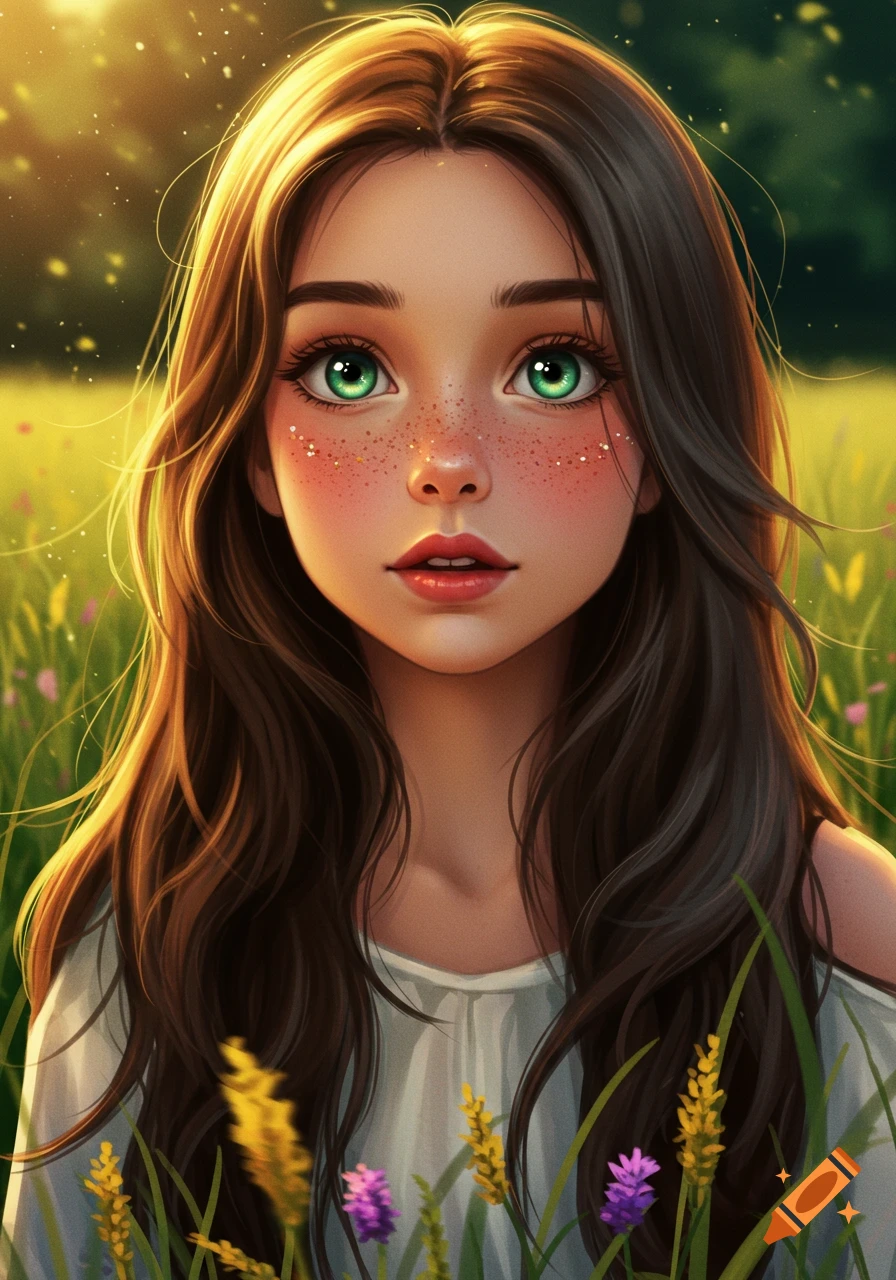 Photorealistic portrait of a young woman with long blonde hair and blue eyes, standing in a ...