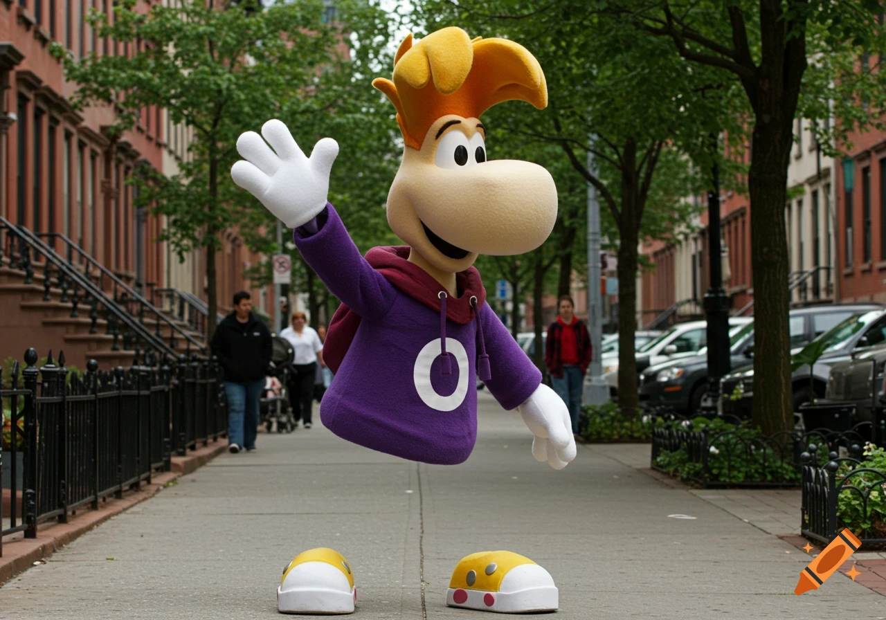 The cartoon character Rayman with floating limbs stands on an autumn ...