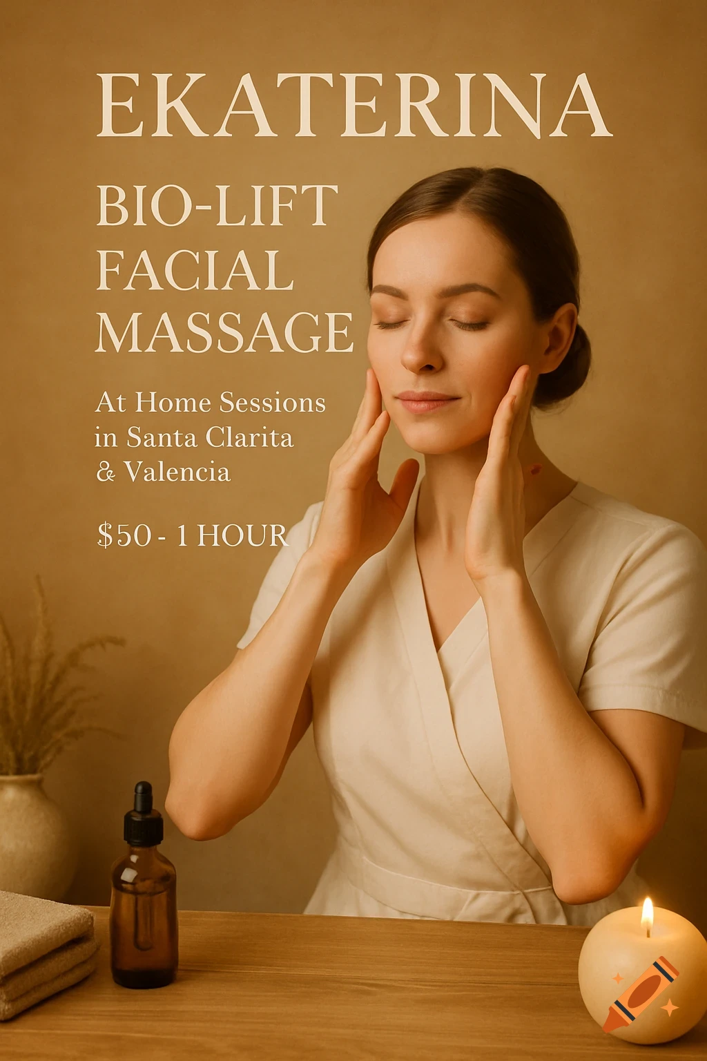 A woman with closed eyes receiving a facial massage, with promotional ...