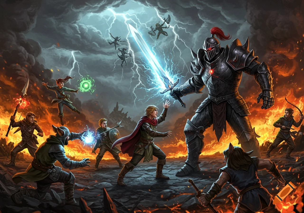 A skeletal champion in dark armor with glowing red eyes fights a cleric ...