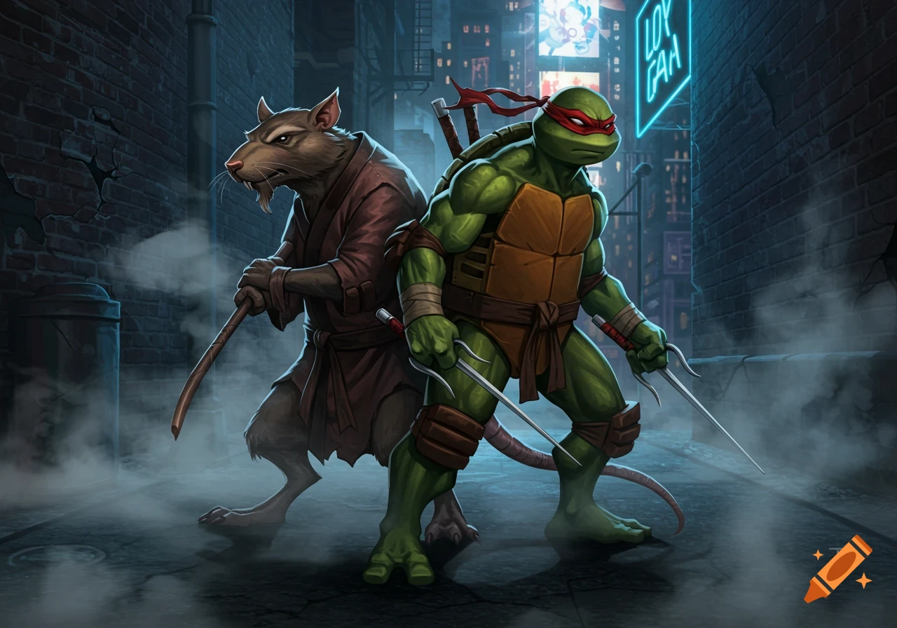 Splinter and Raphael from TMNT stand back-to-back in a dark, misty ...