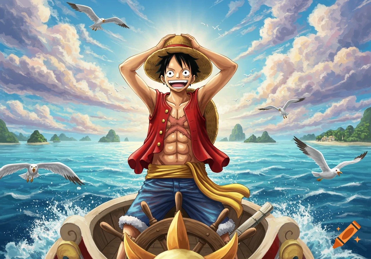 Anime character Luffy stands on a ship deck with a red shirt, blue ...
