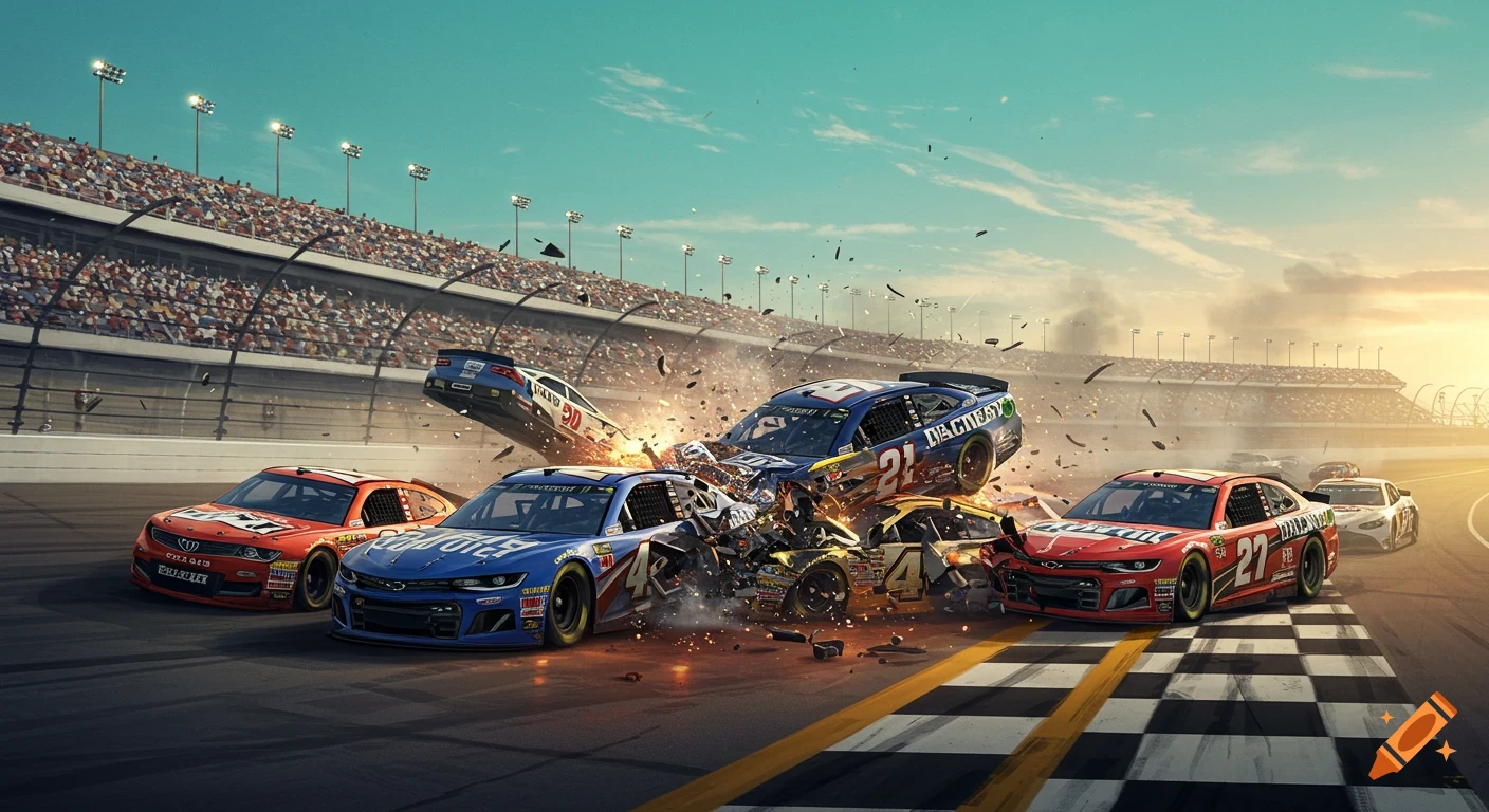 A dramatic multi-car crash on a NASCAR racetrack with debris flying ...