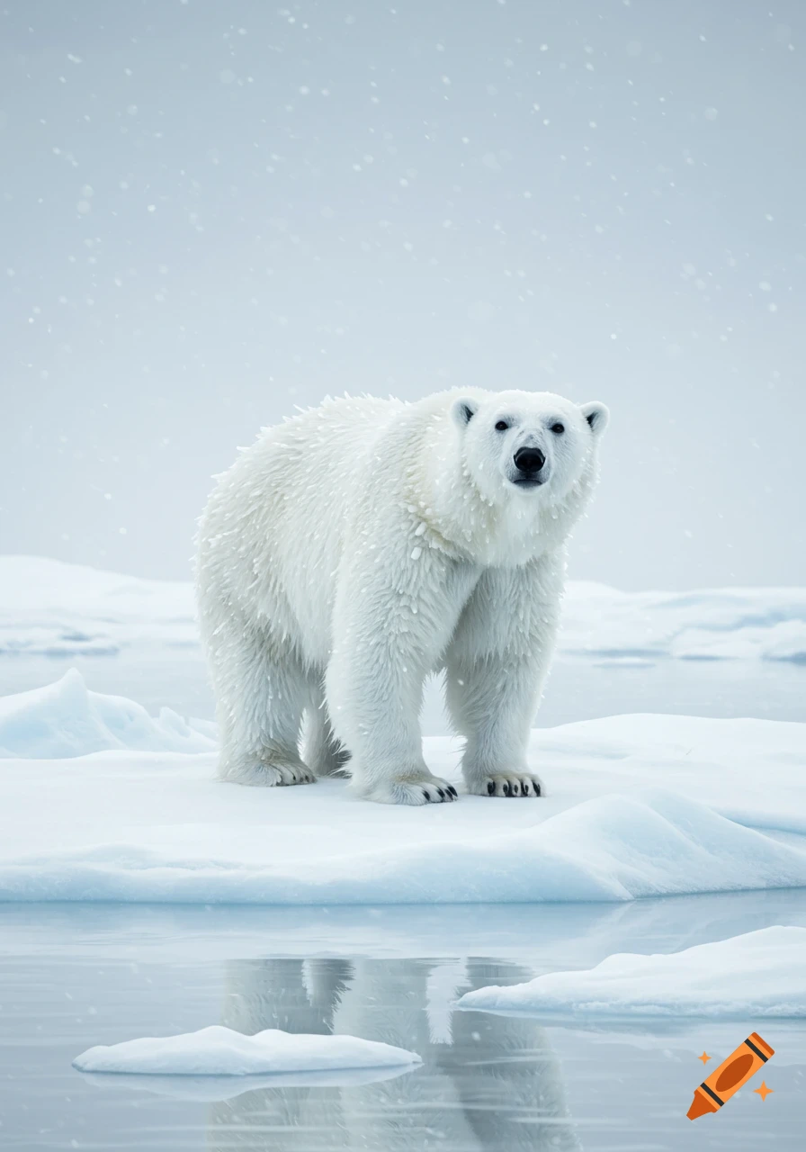 A photorealistic polar bear stands on an ice floe in a snowy, arctic ...