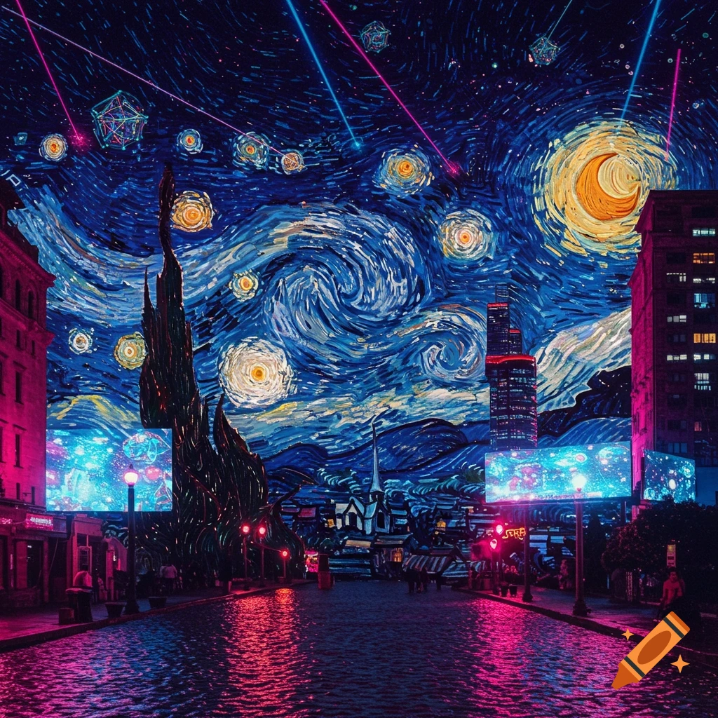 A vibrant, Van Gogh-style night cityscape with swirling starry sky ...