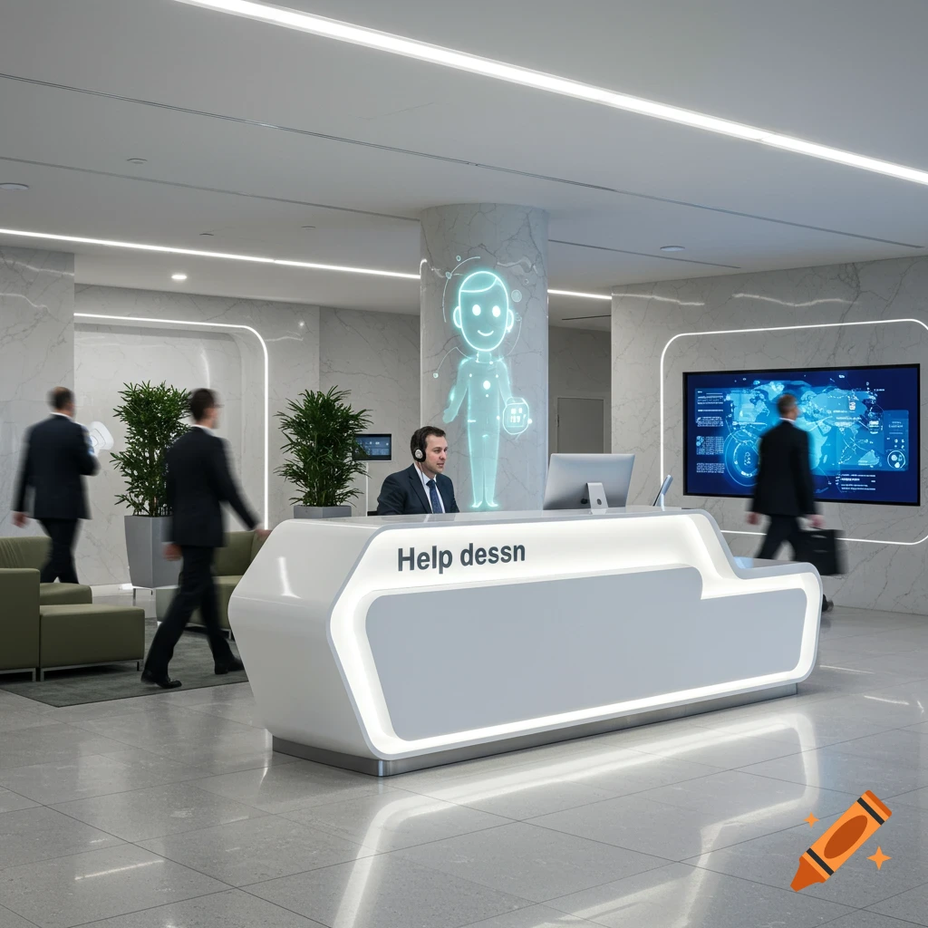A modern office lobby with a futuristic reception desk and a man ...