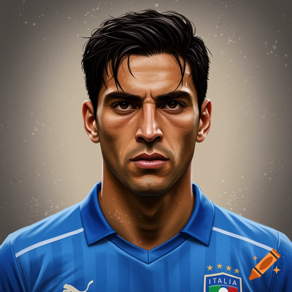 Stylized portrait of a male Italian football player with black hair in ...
