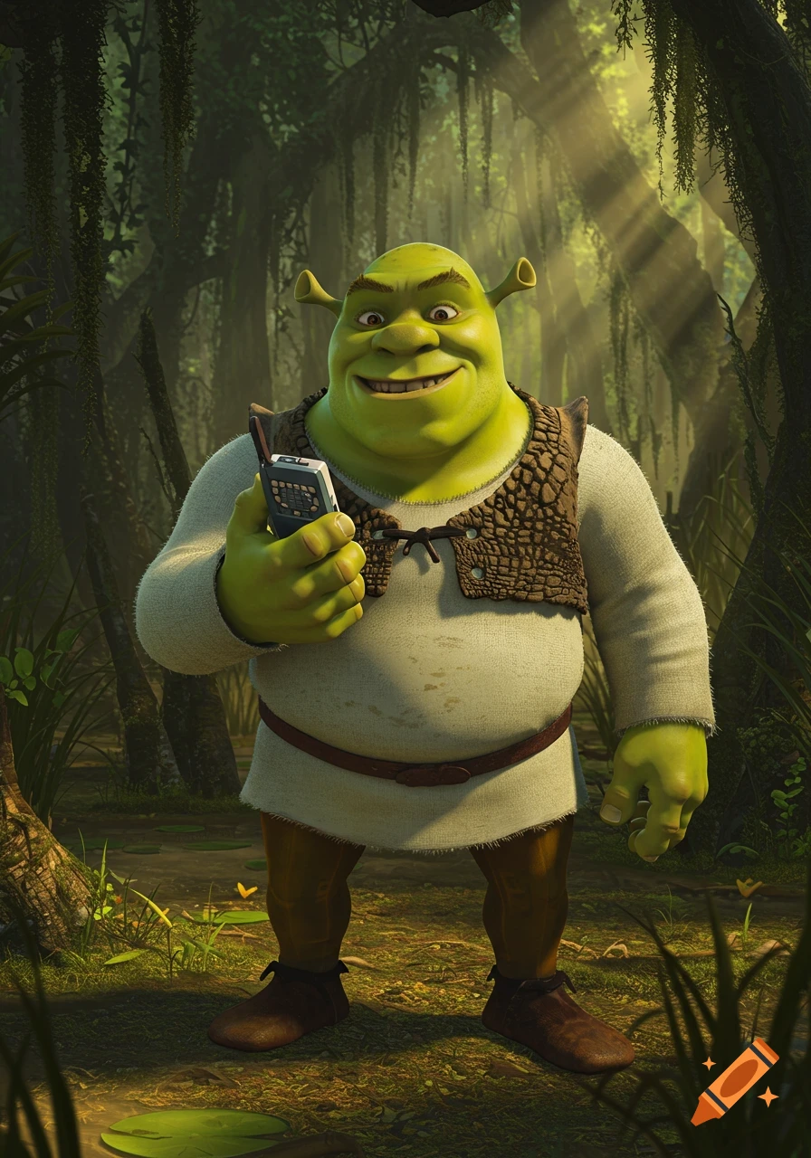 Shrek, the green ogre, stands in a lush, sunlit swamp, holding a pager ...