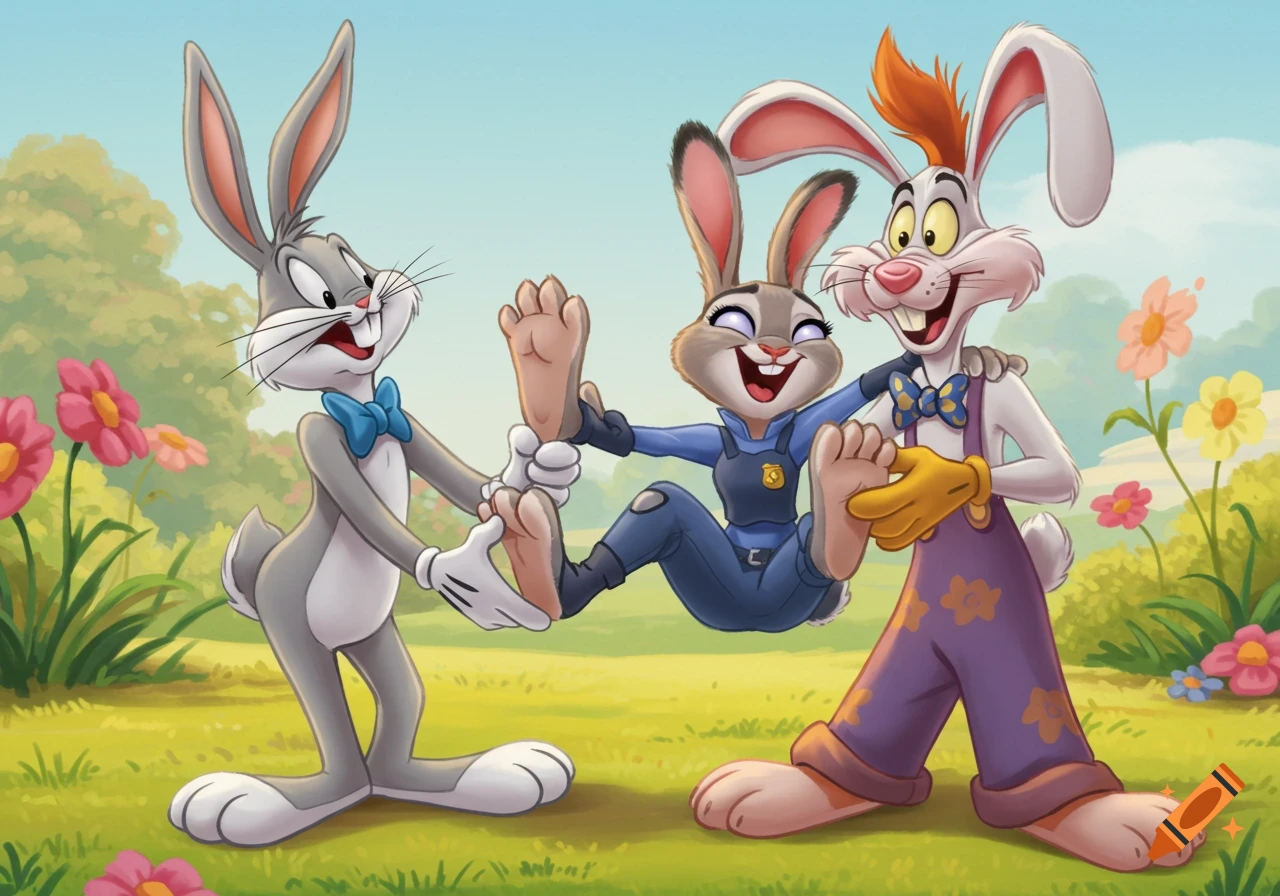 Bugs Bunny and Roger Rabbit tickle Judy Hopps's feet in a vibrant ...