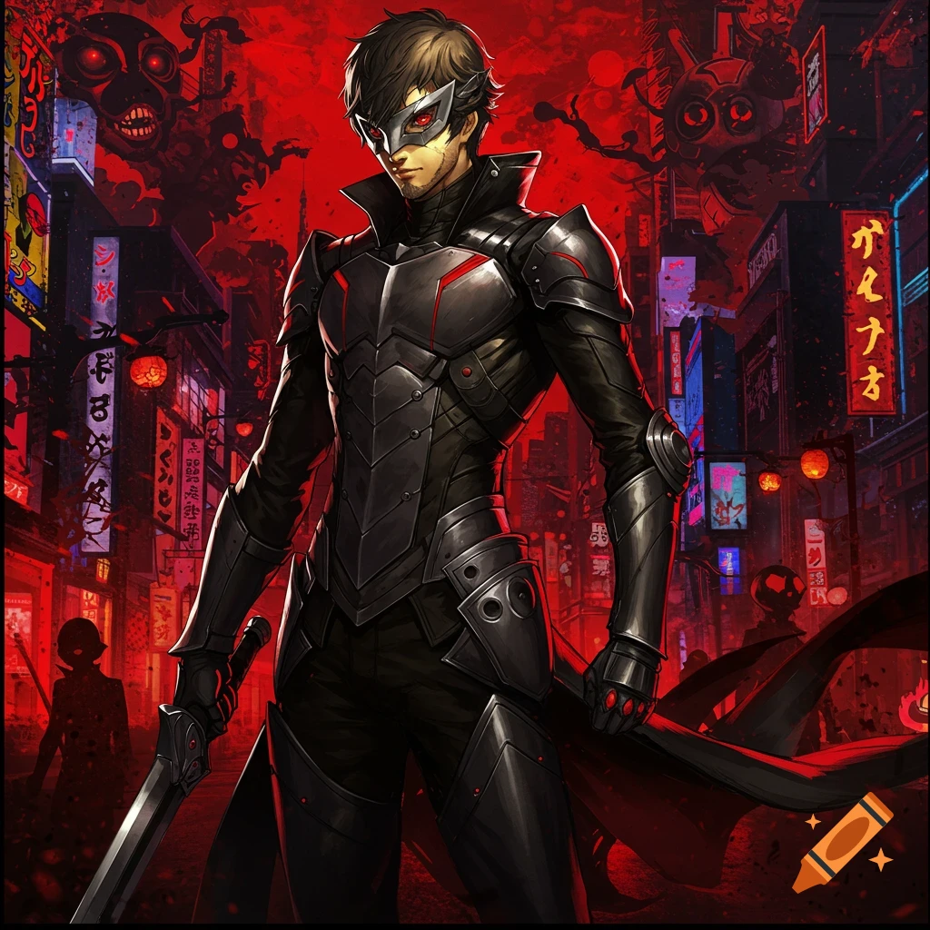 A masked male character in dark armor holding a sword stands in a red ...