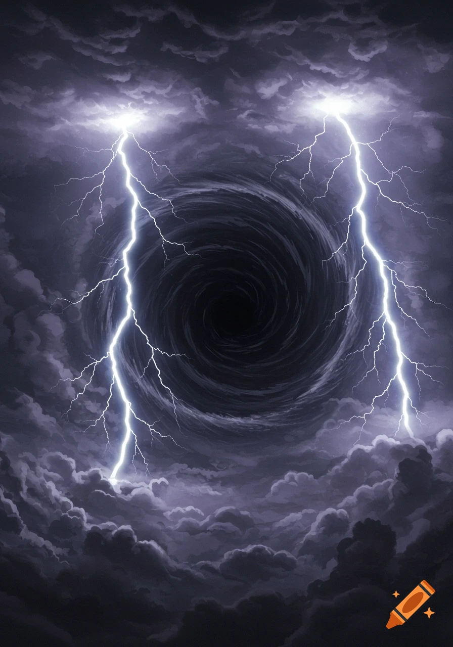 A dark, swirling vortex at the center of a stormy sky, with two bright ...