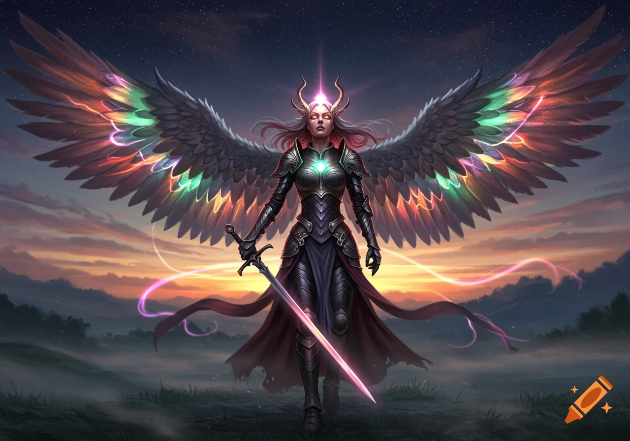 A red-haired female warrior with large red wings and silver armor ...