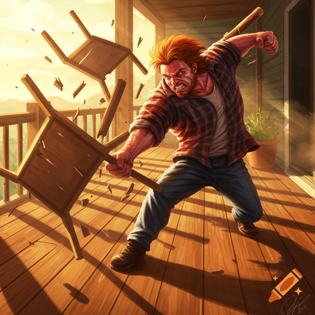 An angry red-haired man with a mullet smashes a wooden chair on a sunny ...