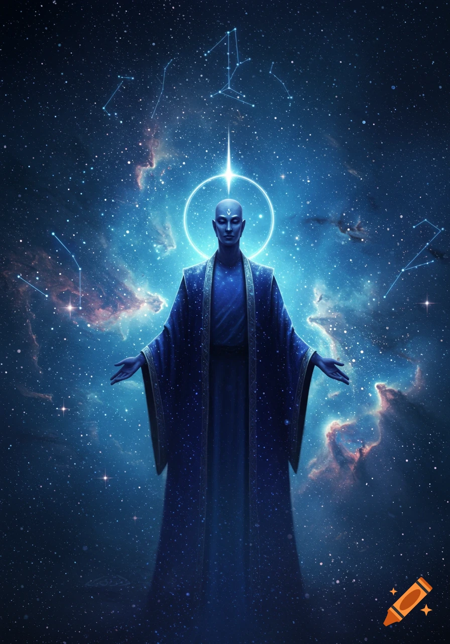 A blue-skinned being in a cosmic blue robe stands with outstretched ...